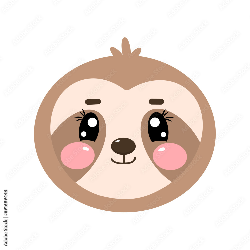 Cute kawaii sloth cartoon vector illustration for kids on white ...