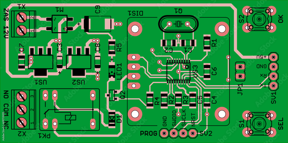 Vector printed circuit board of an electronic device with components of ...