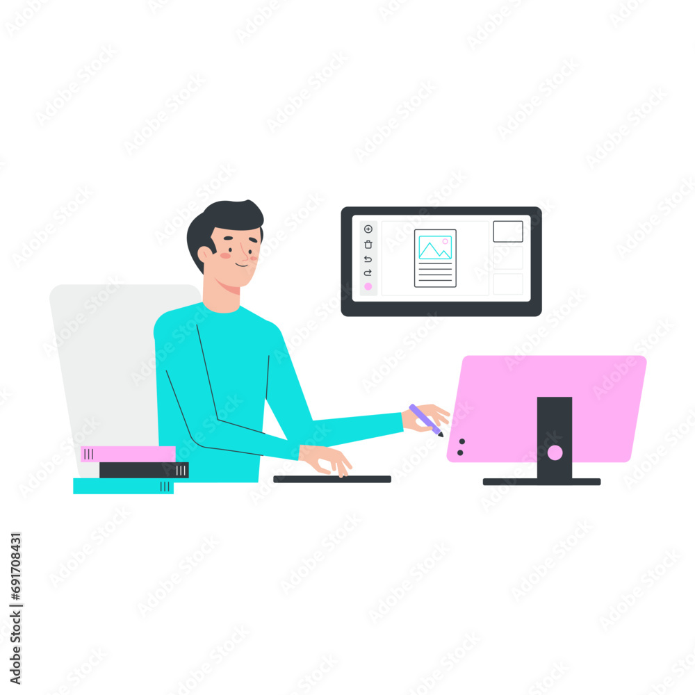 Vector illustration of a UX/UI graphic designer working on his computer ...
