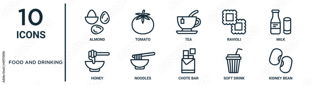 Vektorová grafika „food and drinking linear icon set. includes thin ...