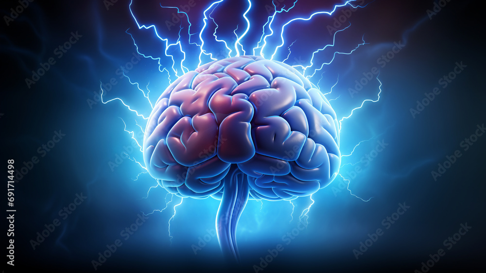 Powerful brain with lightnings illustration. Mind power end energy ...