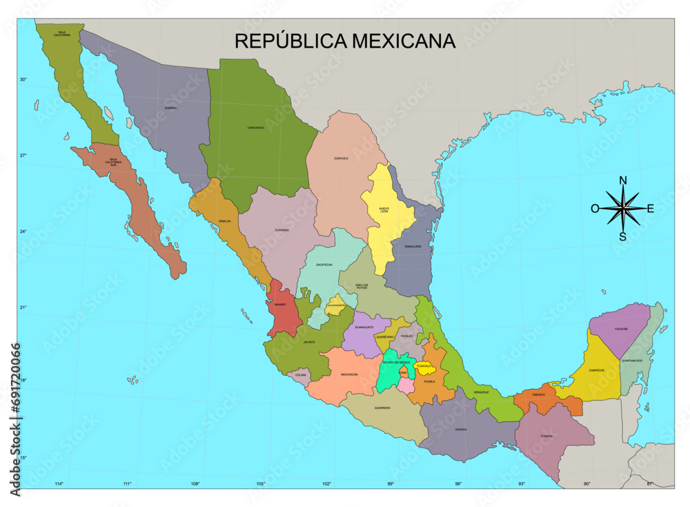 Map of the Republic of Mexico or Mexico, with names with colors and ...