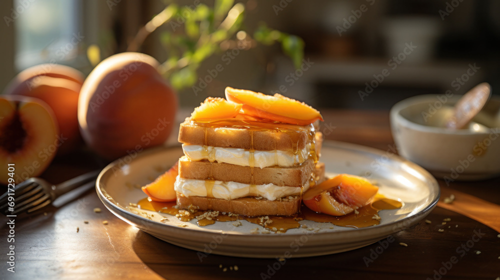 Decadent peach dessert perfectly plated, with Peach Fuzz 2024 tones ...