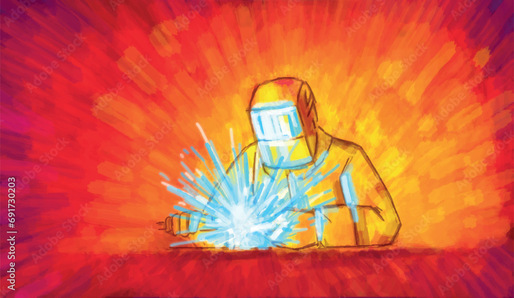 Welding process vector illustration. Industrial construction with a ...