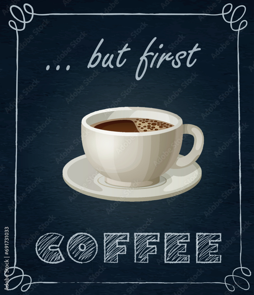 Cup of coffee on black background with chalk drawn quote But First ...