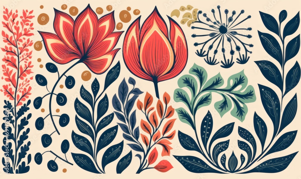 Boho Folk Art Ethnic Pattern, Lithograph Screen Print Texture Fabric ...