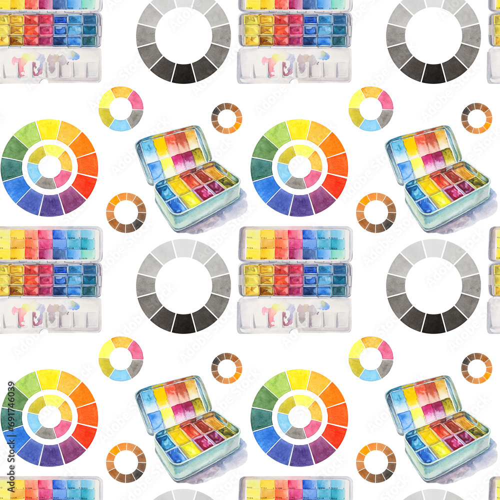 Seamless pattern with box watercolor multicolor paints and color circle ...