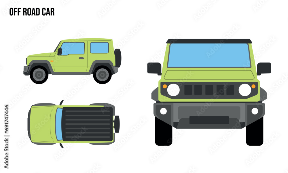 Off Road Car Flat design illustration, Public Vehicles , top view, side ...