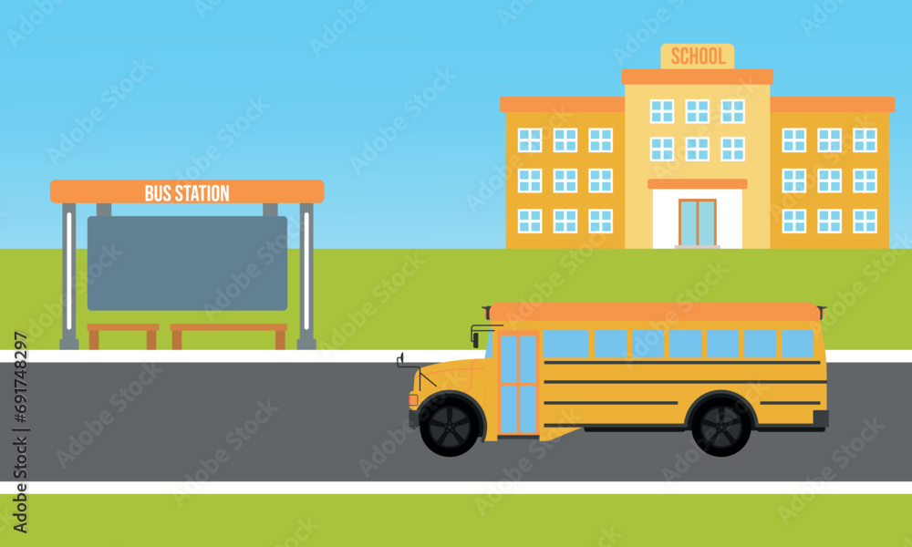 School building front yard with bus and busway stop, flat design ...
