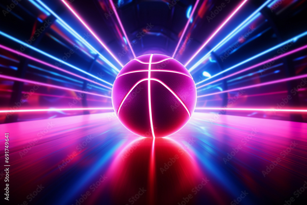 Futuristic neon-lit basketball with glowing lines on a reflective ...