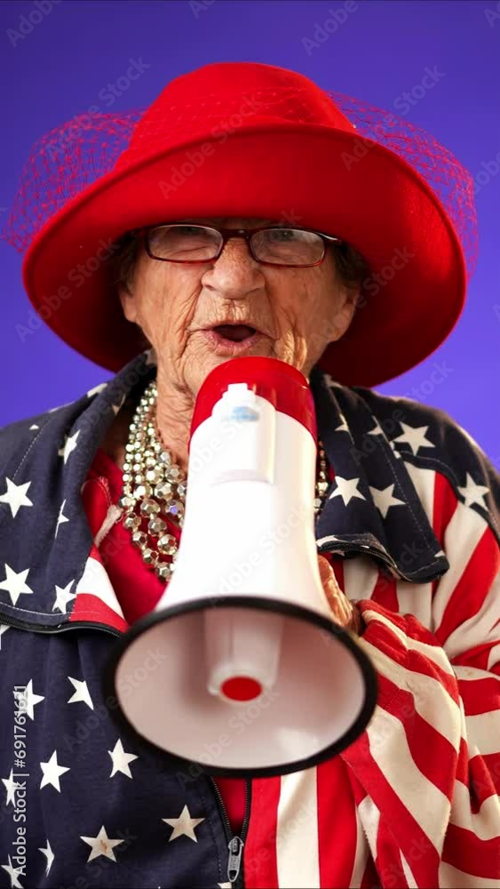 Vertical video portrait of funny toothless old elderly senior woman ...