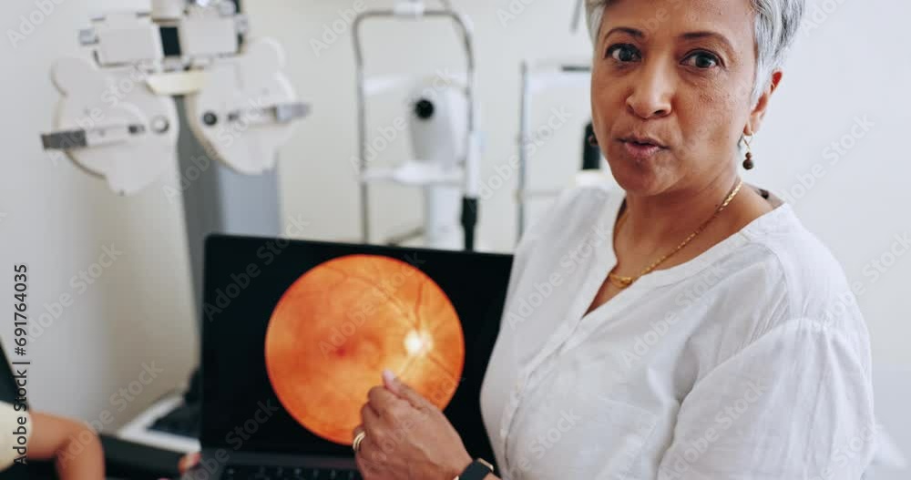 Face, woman and presentation with eye scan, retina and digital imaging ...