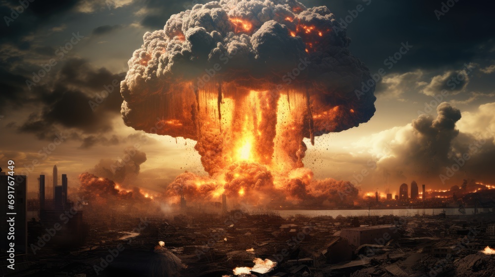 Nuclear explosion in city skyline, fire mushroom cloud in an ...