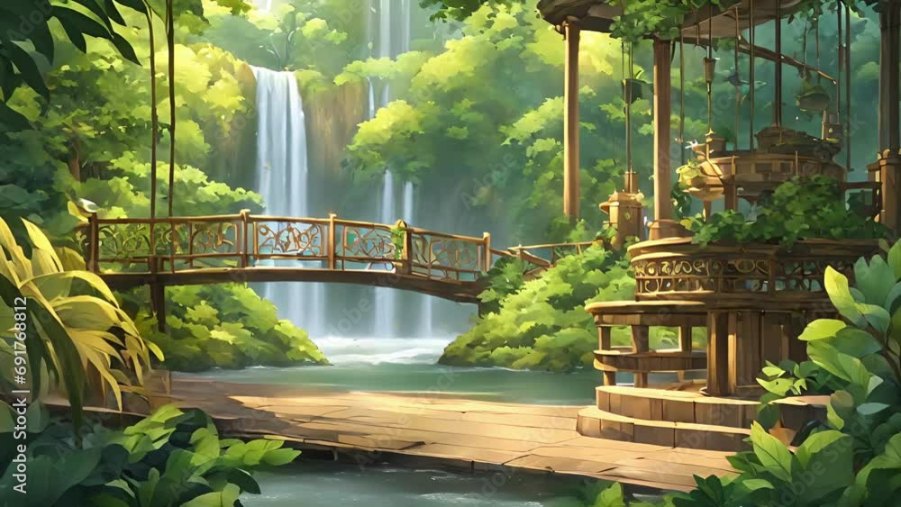 symphony sounds surrounds take view waterfall, birds singing their ...