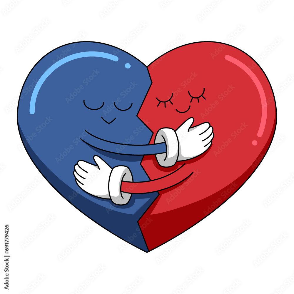 Funny Valentine illustration. Broken hearts hugging each other in love ...