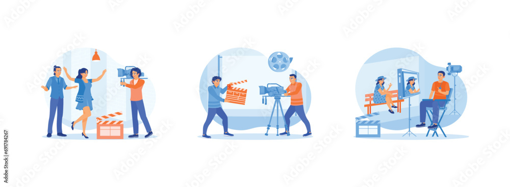 Film Production concept. The process of shooting a film indoors. Behind ...