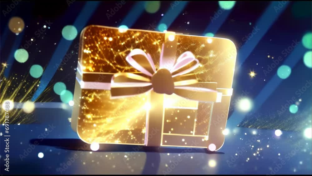 A gold gift box placed against a sparkling blue and gold background ...