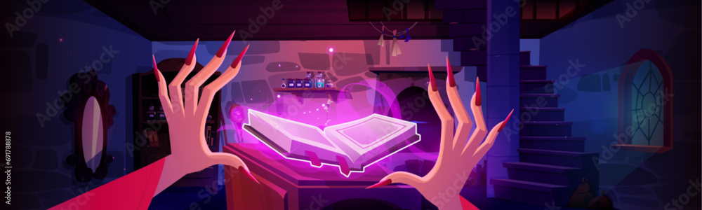 Witch hands conjure over magical flying glowing spell book with pink ...