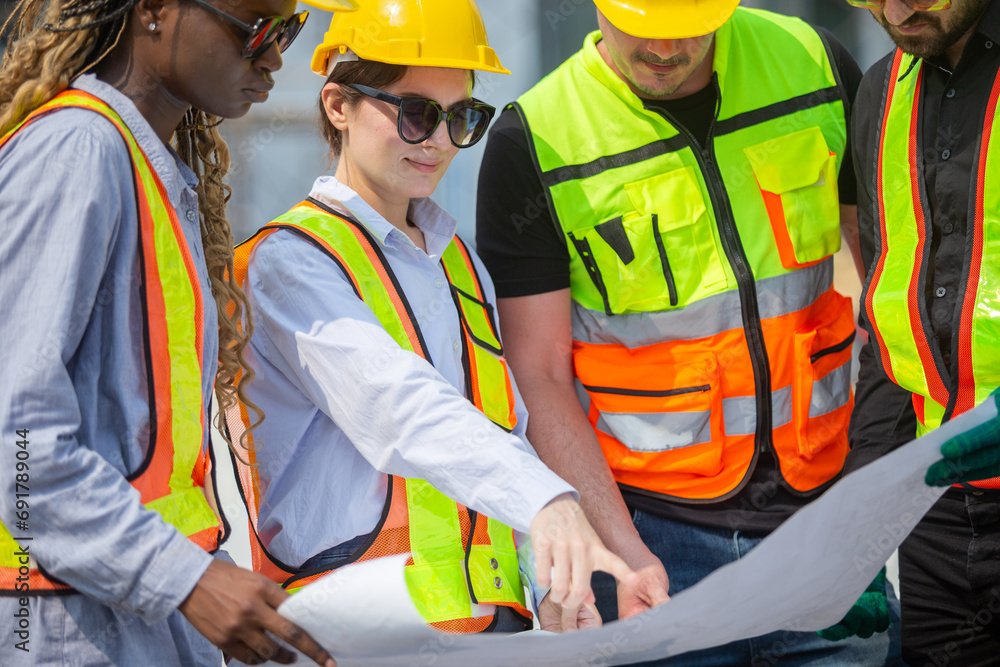 Engineering and foreman looking check at plan on blueprint in ...