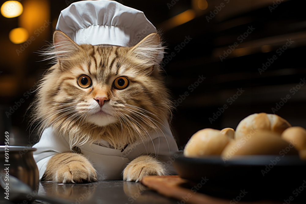 cute big cat as chef with white cap and costume in the kitchen of ...