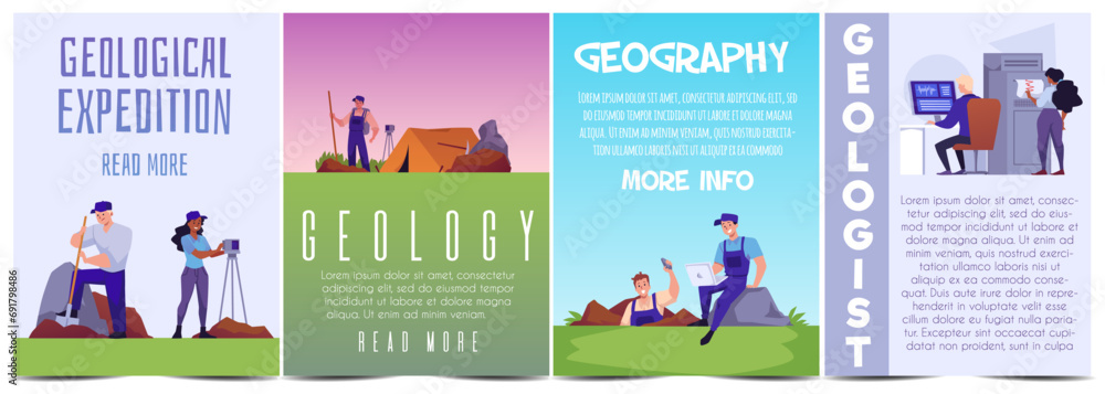 Geological laboratory and expedition excavations vector posters set ...