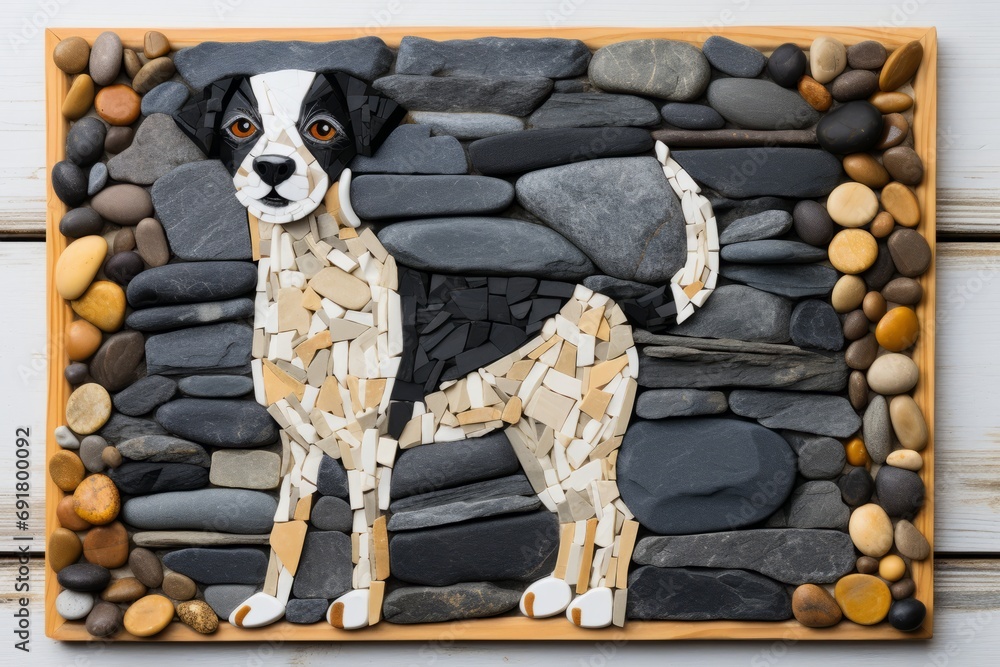 Pebble Art Dog on Contrasted Backdrop. Dog sculpture from pebbles with ...