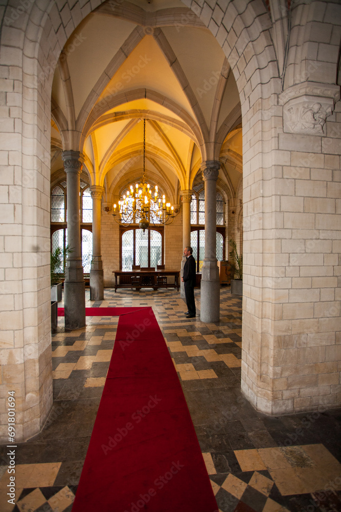 This photograph captures the grandeur of a medieval-style hallway ...