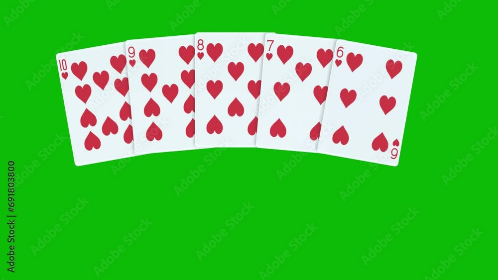 A poker hand consisting of Straight Flush Hearts, with cards thrown on ...