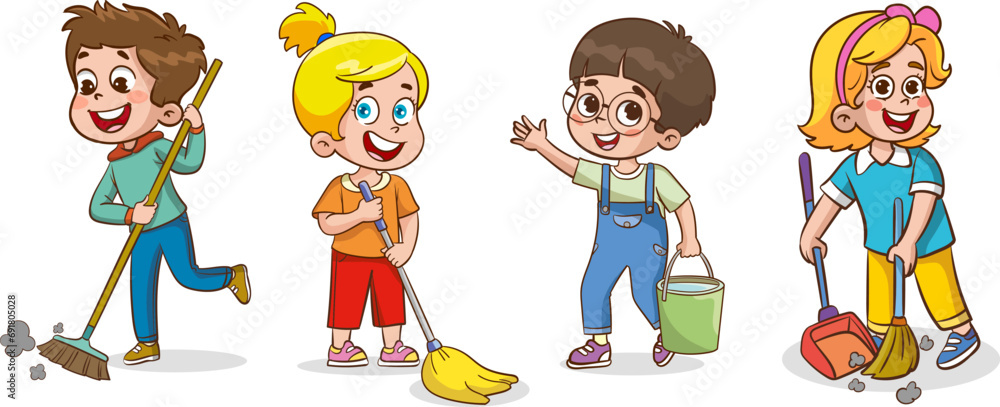Vector illustration of Cartoon Kids Cleaning with Mop and Broom Stock ...