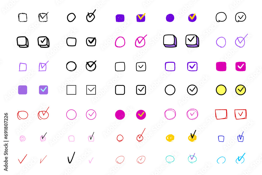 Set of various color hand drawn checked check mark, tick box doodle ...