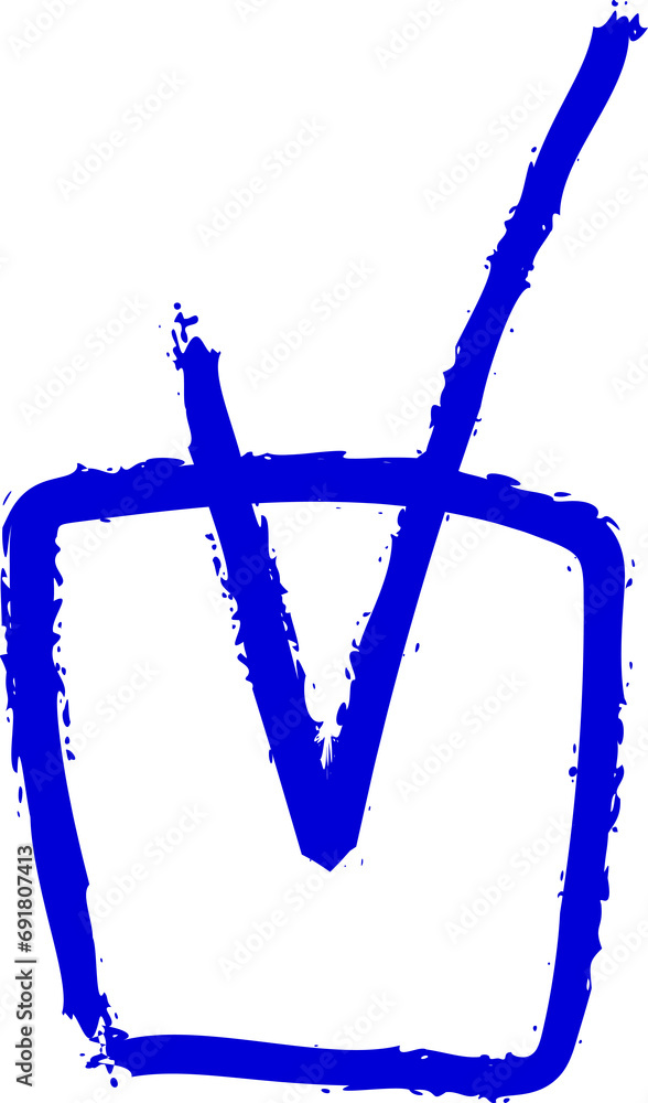 Hand drawn blue square checked check mark, tick box doodle icon ...