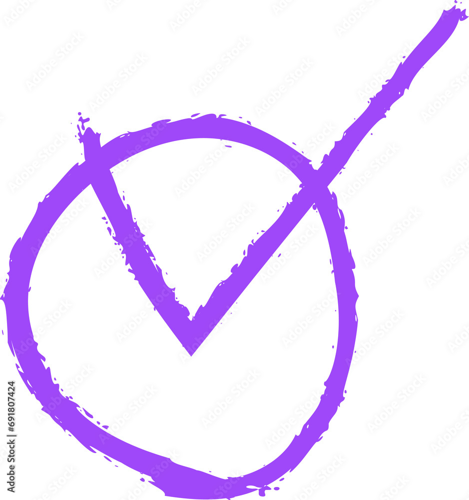 Hand drawn purple circle type checked check mark, tick box doodle icon ...