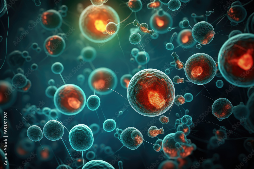 Virus or Bacteria microbial particles background, magnified under ...