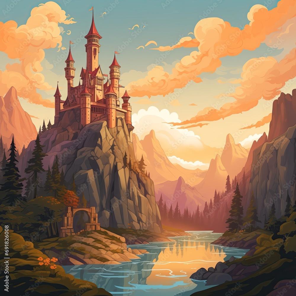 Castle. An illustration of an imaginary fantasy world. Kingdom. Cartoon ...