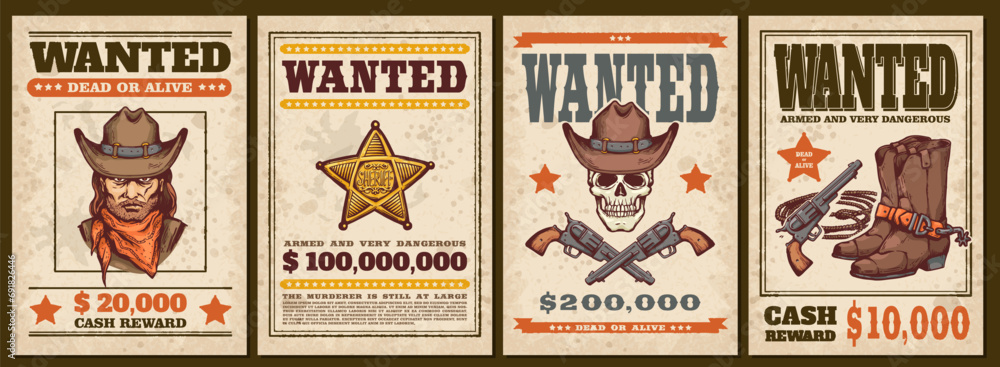 Vintage western style Wanted posters set with bandit portrait, skull ...