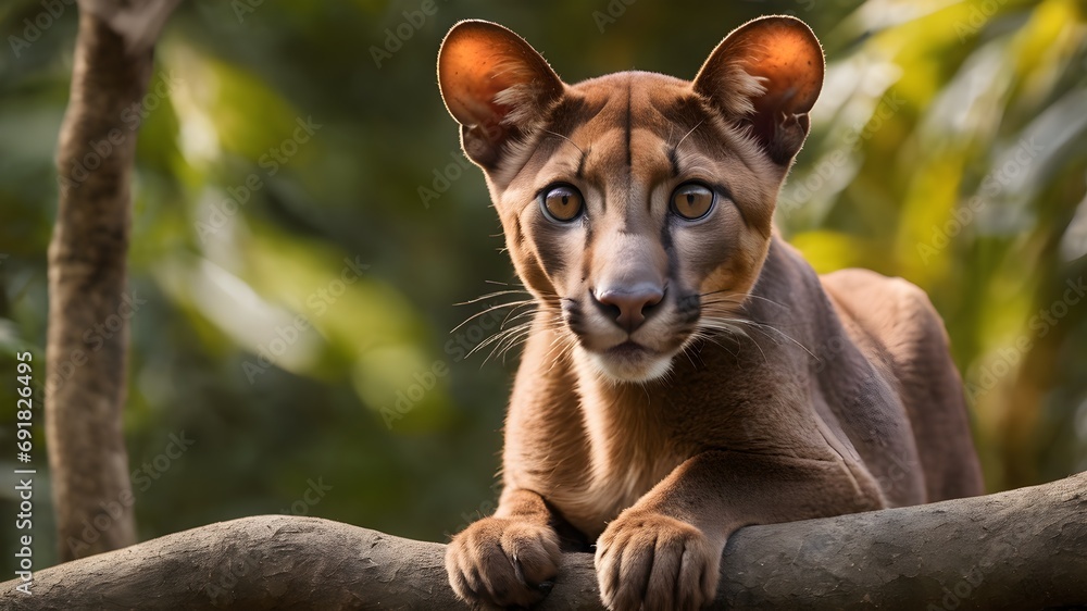 Malagasy fossa on the tree , portrait , wild animal photography ...