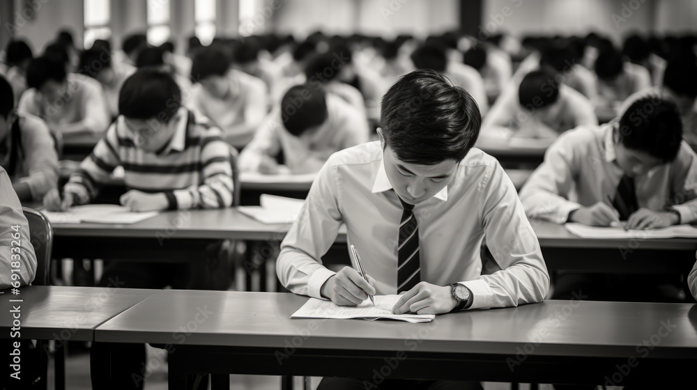 Black and white vintage image of Asian boys students taking an exam in ...