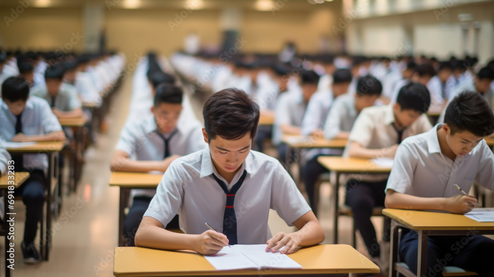 Asian boys students taking an exam in a classroom , examination test ...