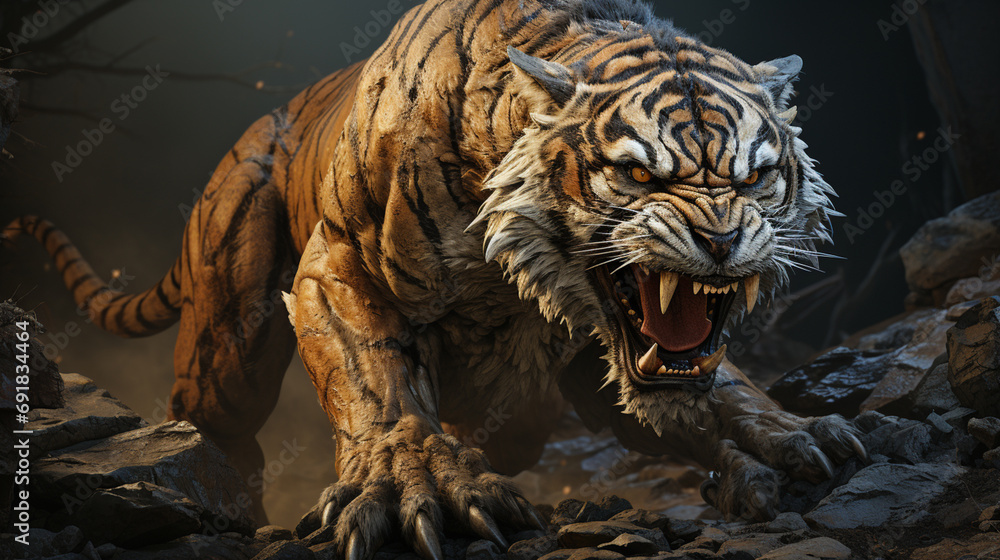Smilodon Saber Tooth Tiger. Kicking up a spray of dirt, a massive ...