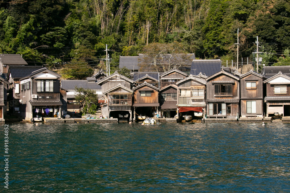 Beautiful fishing village of Ine in the north of Kyoto. Funaya or boat ...