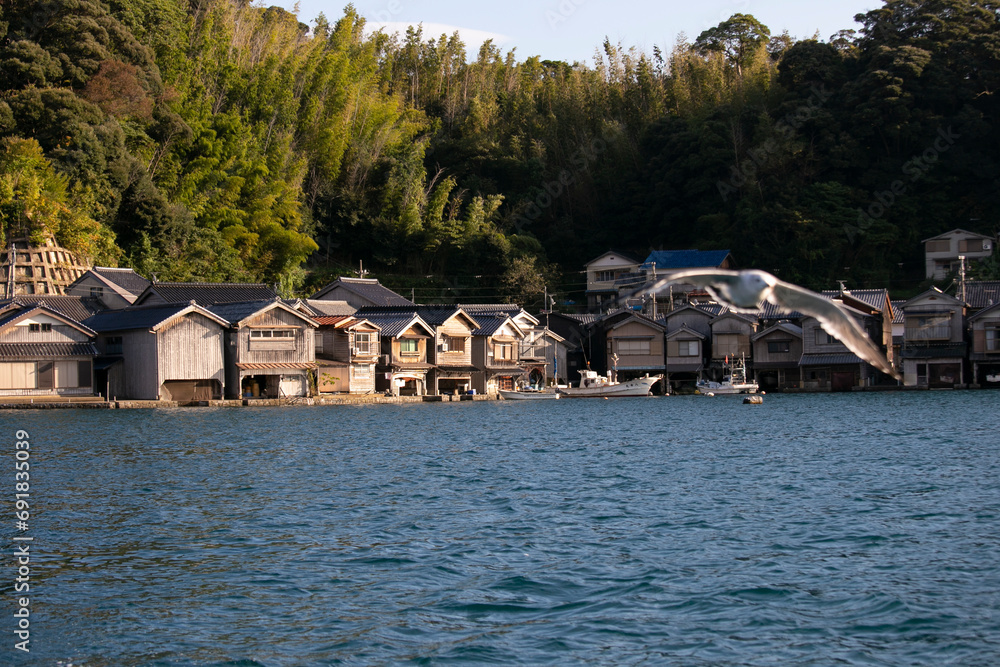 Beautiful fishing village of Ine in the north of Kyoto. Funaya or boat ...