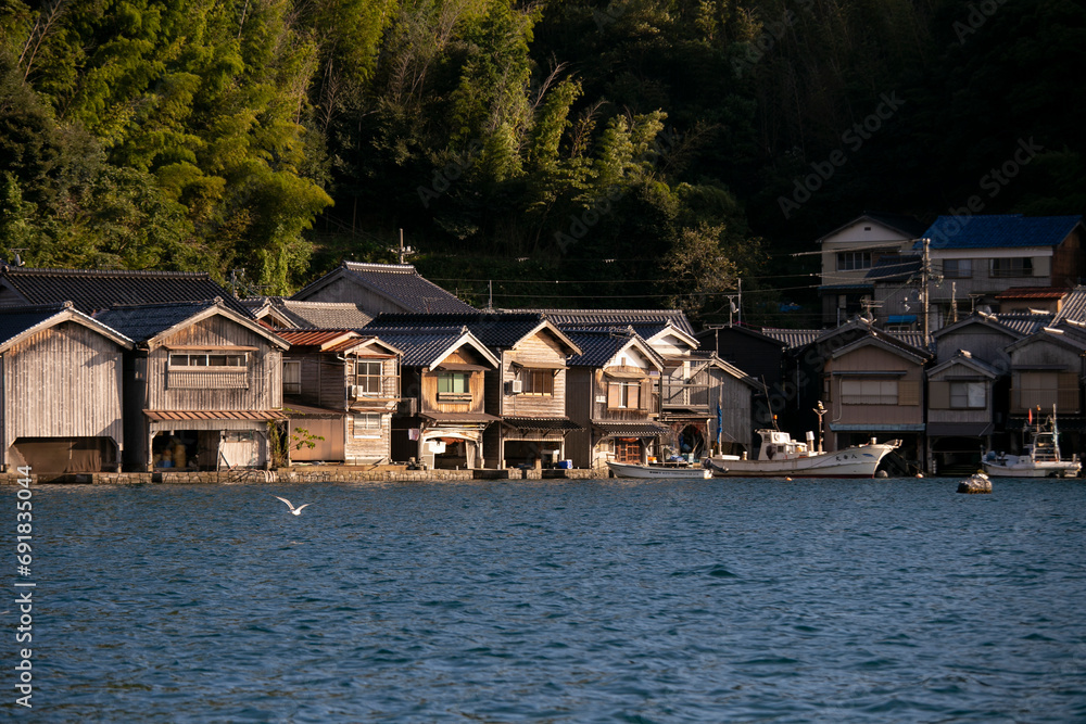 Beautiful fishing village of Ine in the north of Kyoto. Funaya or boat ...
