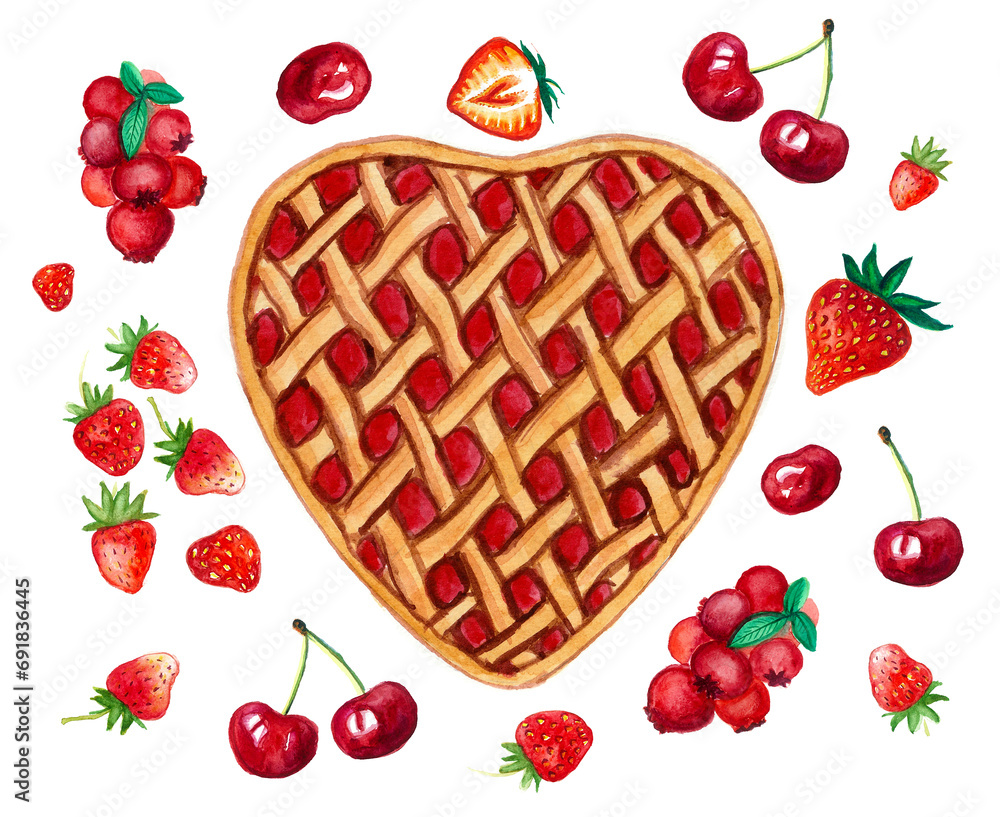 Cake in the shape of a heart. Grid cake with red filling. Around the ...