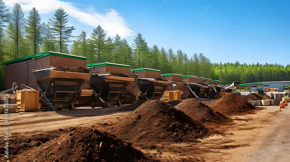 An organic waste composting facility with rows of compost bins and ...