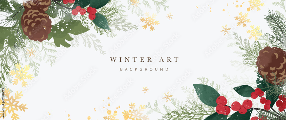 Winter background vector. Hand painted watercolor and gold brush ...