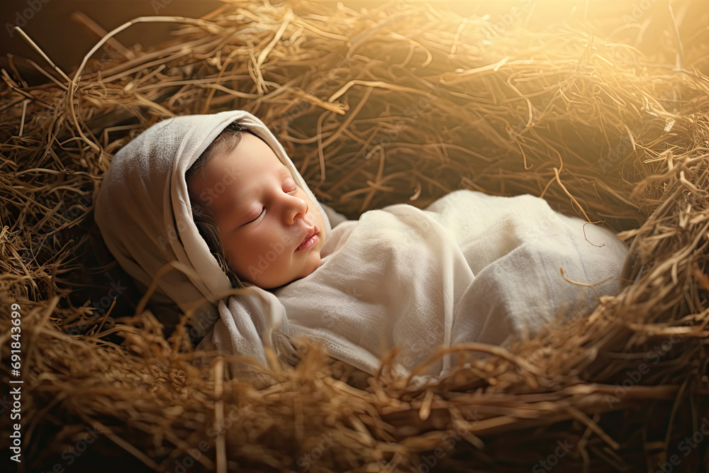The nativity of Jesus, Baby Jesus is lying in the manger on the hay ...