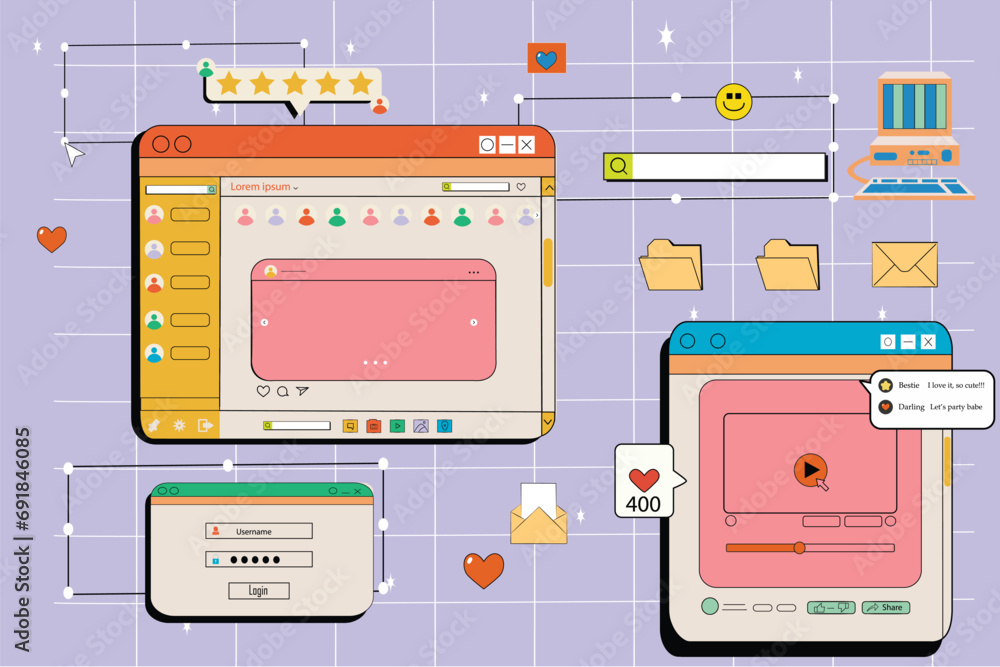 Y2k windows, retro screens in retrowave, vaporwave vintage style ...