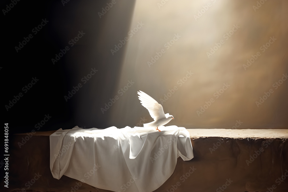 Resurrection Of Jesus Christ Concept. White Bird, Shroud And ...