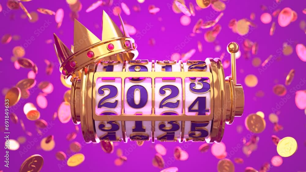 The slot machine is spinning to the number 2024 with a banknote in the ...