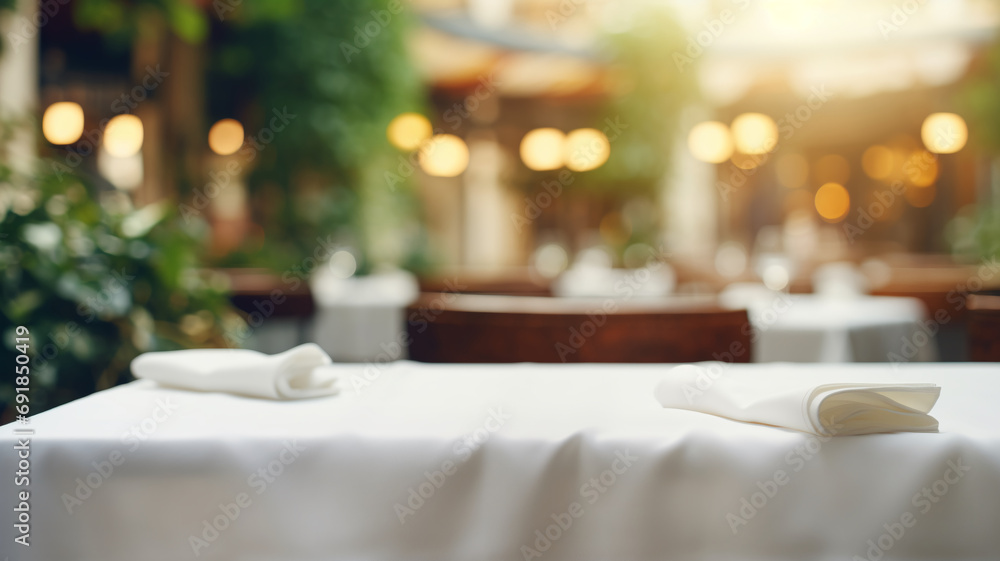 Empty product placement mockup of a white linen-covered table in a ...